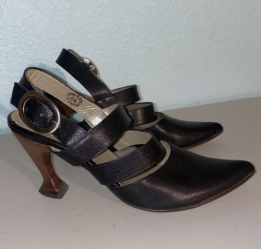 John Fluevog Pointed Closed Black Ankle Strap Sandals Black Shoes Heels ...