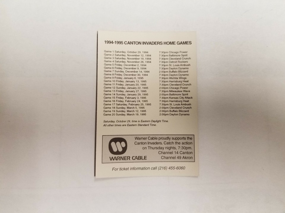 Canton Invaders 1994/95 NPSL Indoor Soccer Pocket Schedule Card ...