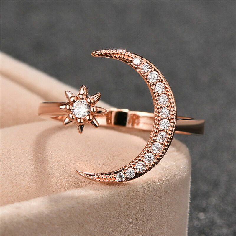 925 Sterling Silver Plated Crescent Moon Shape CZ Rhinestone Adjustable ...