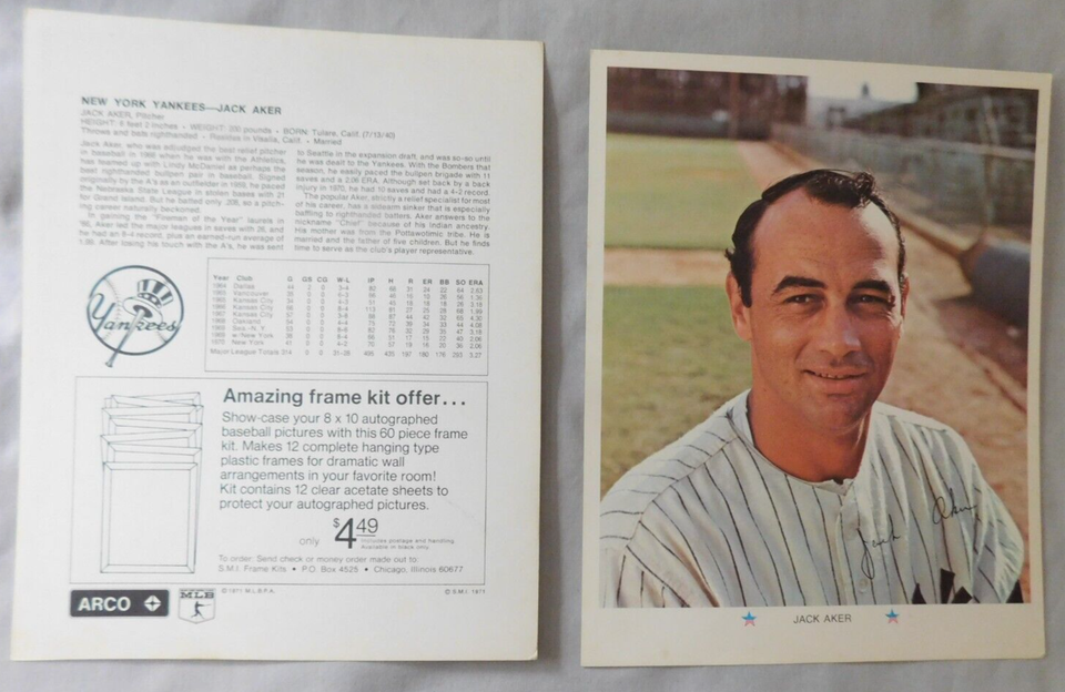1971 Arco Jack Aker New York Yankees Photo Card 8x10 Photo | eBay