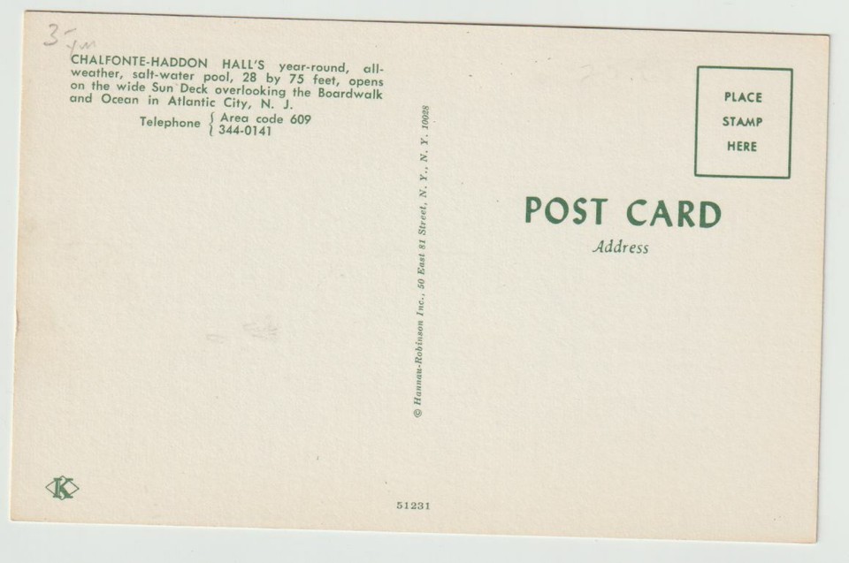 Unused Postcard Chalfonte Haddon Hall Salt Water Swimming Pool Atlantic ...