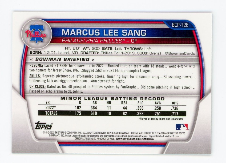 2023 Bowman Chrome Marcus Lee Sang #BCP-126 1st Bowman Philadelphia ...