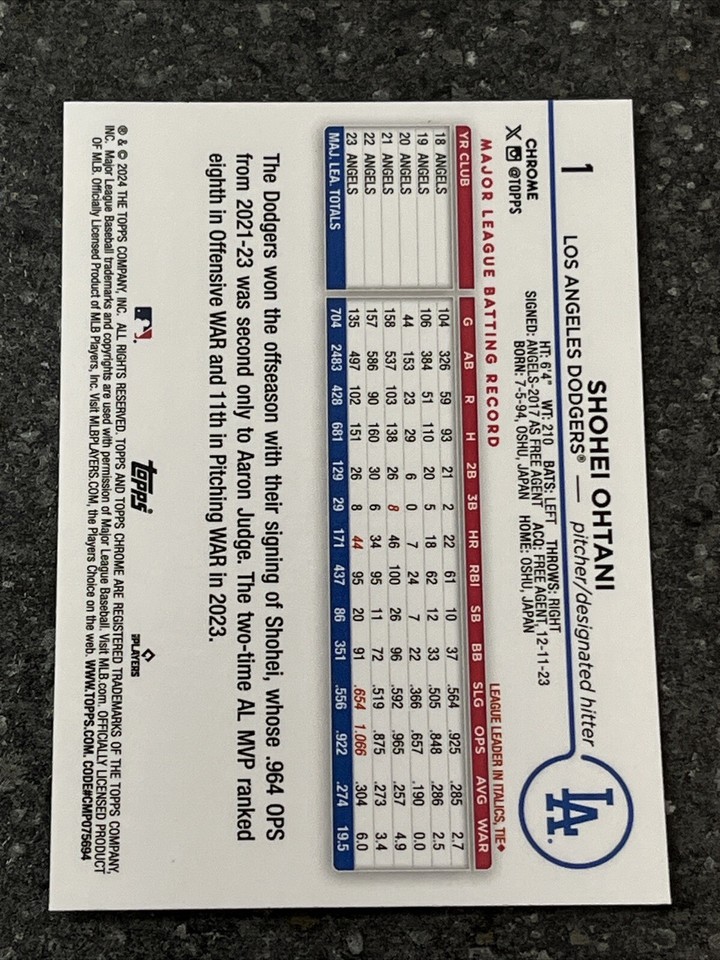 2024 Topps Chrome Base Shohei Ohtani #1 Los Angeles Dodgers MVP Buyback ...