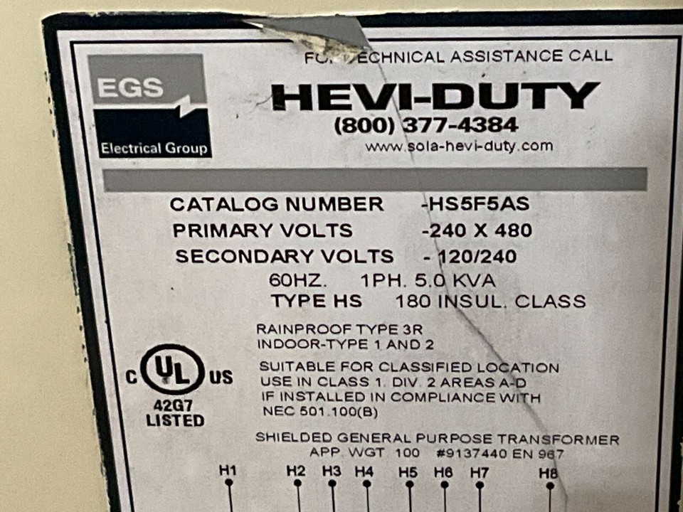 Emerson Hevi Duty HS5F5AS Transformer 5000 VA 5 KVA Single Phase EGS ...