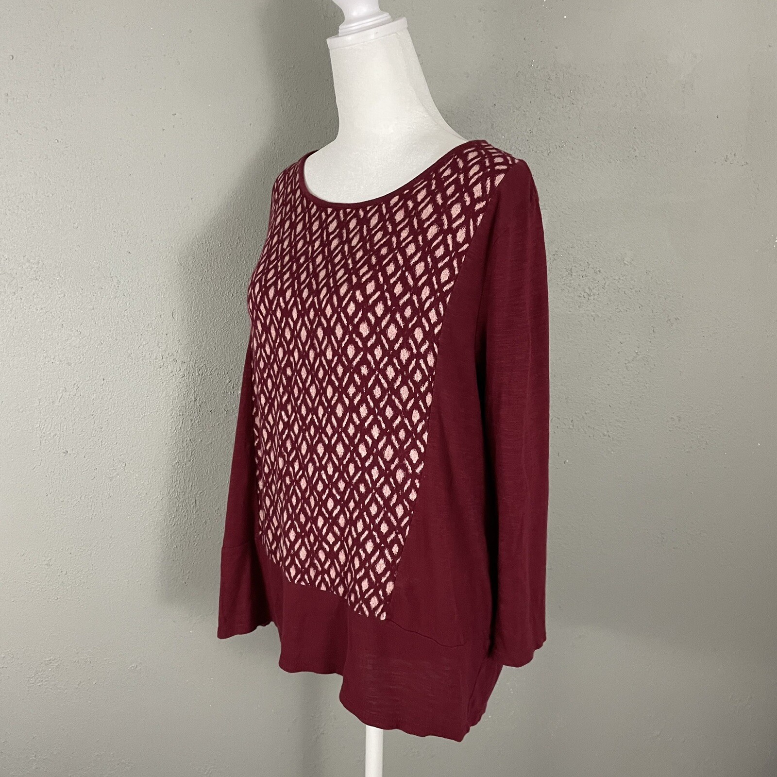 Lucky Brand Burgundy Knit Top Size L Large 3/4 Sleeve Vent on Back Hem ...