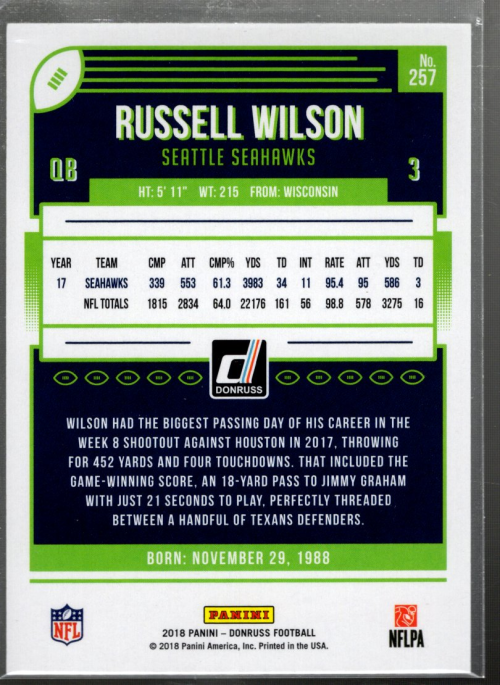 A3300- 2018 Donruss Season Stat Line #257 Russell Wilson /400 - NM-MT ...