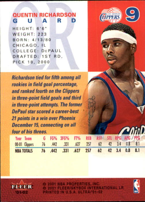2001-02 Ultra Los Angeles Clippers Basketball Card #9 Quentin ...