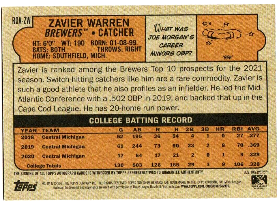 ZAVIER WARREN AUTO 2021 TOPPS HERITAGE MINORS REAL ONE ON CARD ...