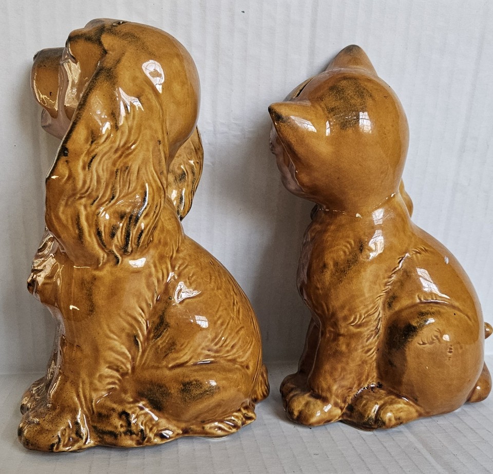 Vintage Mid Century Ceramic Cat & Dog Coin Banks Brown Glaze Japan Pair ...