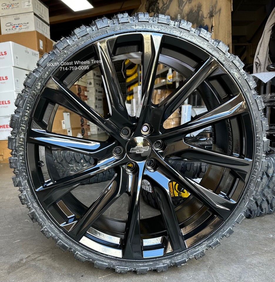 24” ESCALADE FR98 BLACK WHEELS Silverado Tahoe Yukon Sierra 33” MT Mud ...