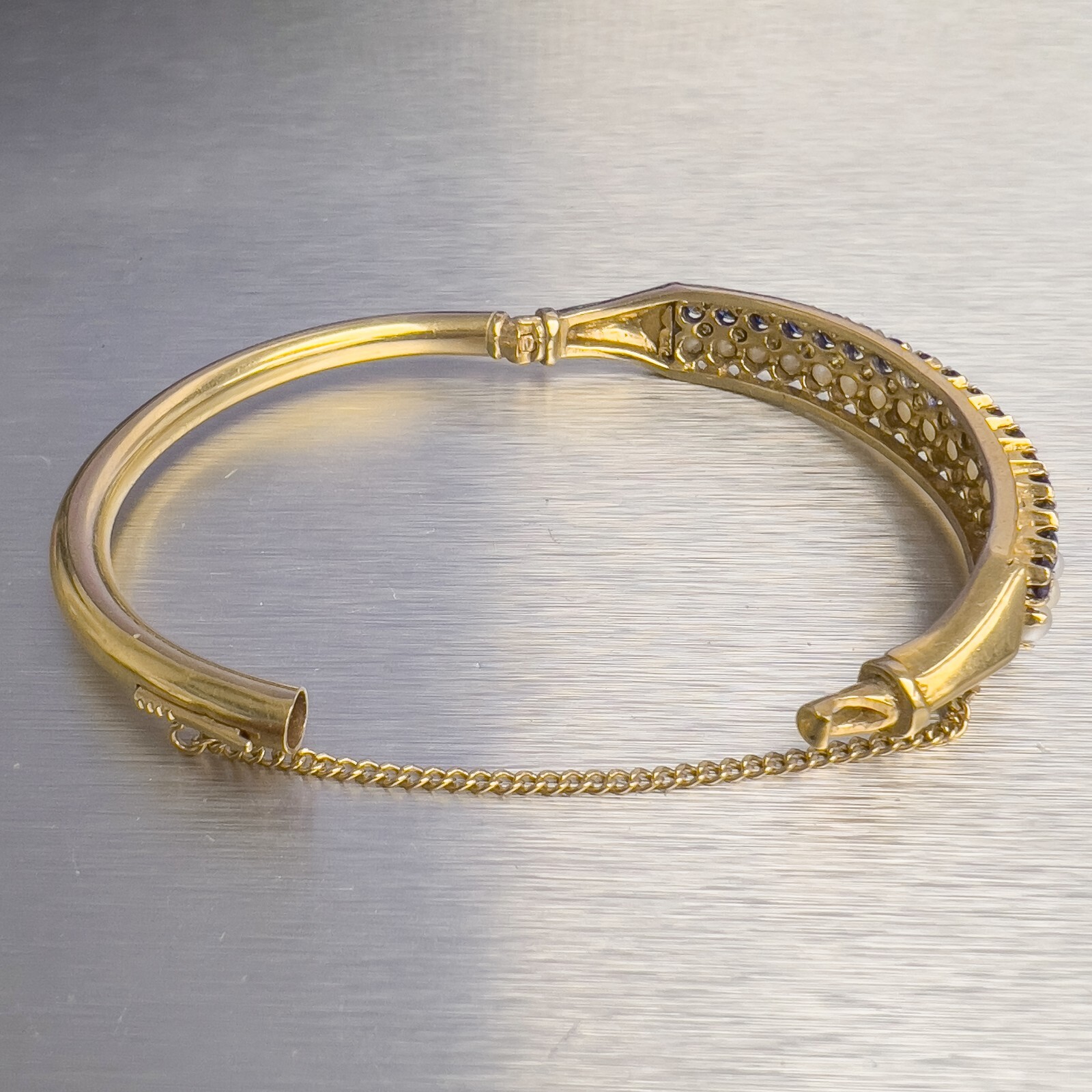 Antique Victorian 14k Yellow Gold Pearl Sapphire Hinged Bangle Bracelet ...