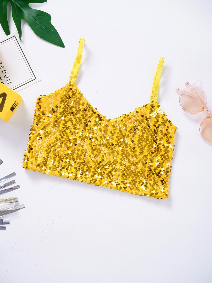 Kids Girls Stylish Adjustable Spaghetti Shoulder Straps Shiny Sequins ...