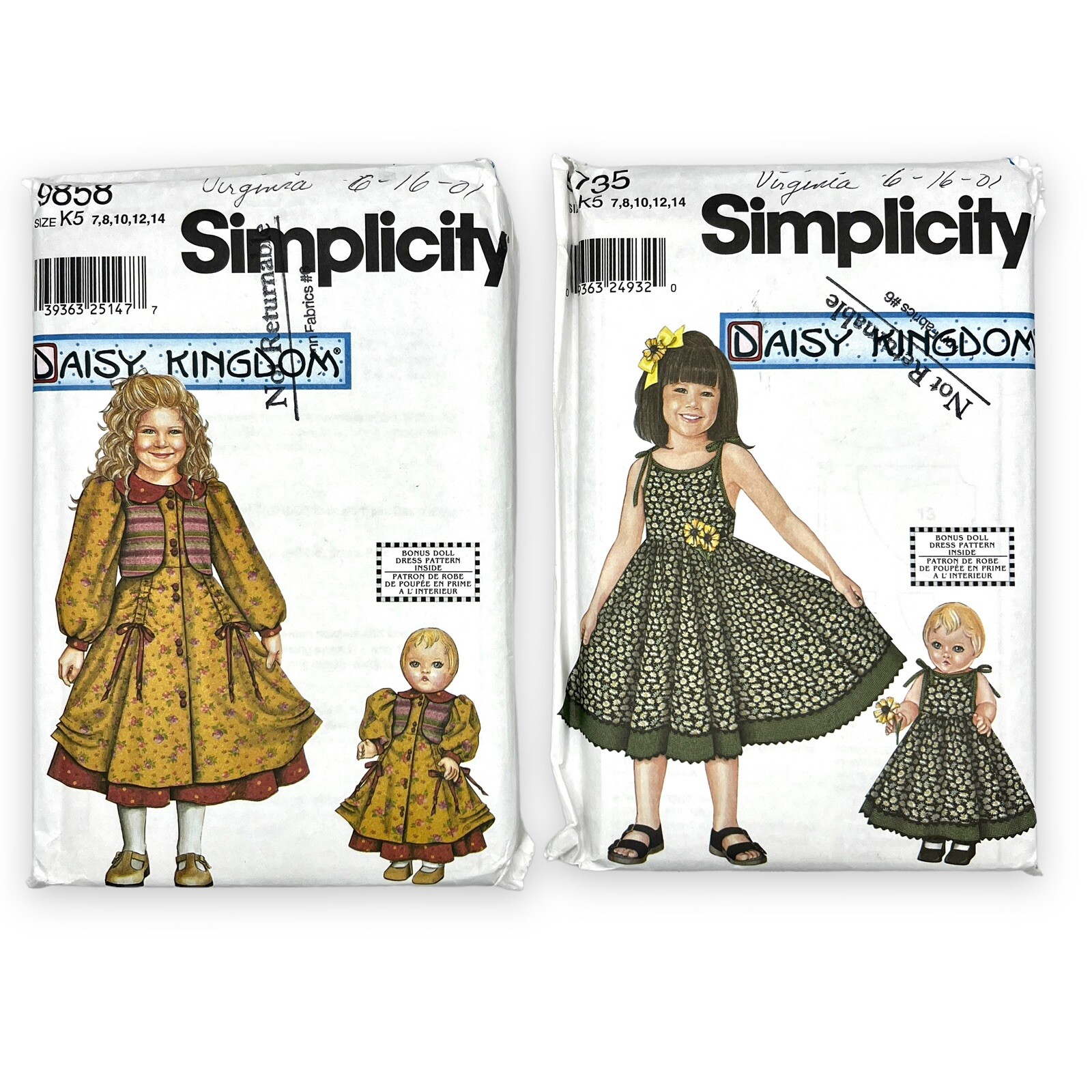 Mixed Lot of 2 SIMPLICITY Size K5 7 8 10 12 14 Child Dress 18" Doll ...