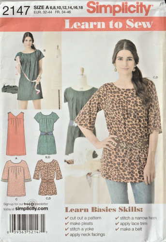 Simplicity 2147 Misses Mini Dress Tunic Pattern Learn to Sew UCT Sz 6 ...