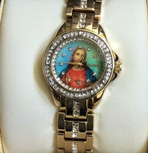 Elgin Women's Religious Watch Round Jesus Dial on Gold Crystal Linked ...