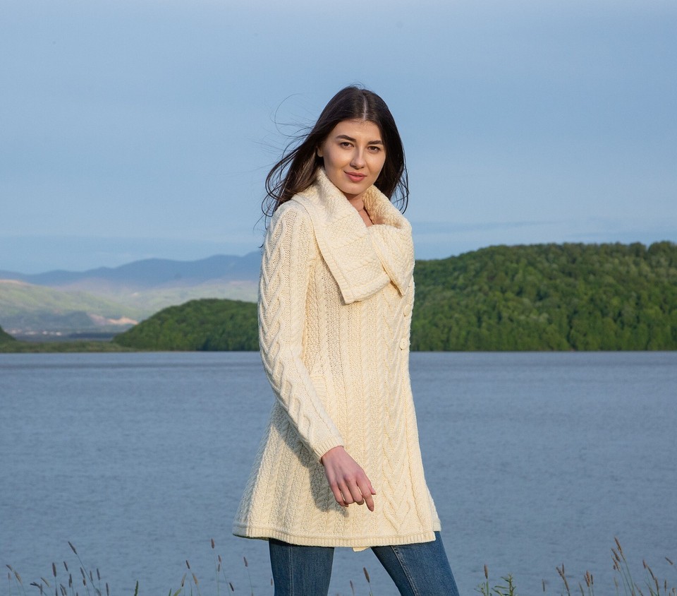 SAOL Aran Coatigan Women's Irish Cable Knit Cardigan Coat 100% Merino ...