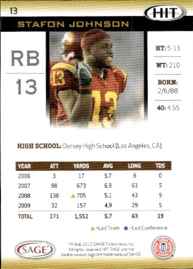 2010 SAGE HIT #13 Stafon Johnson USC Trojans Football | eBay