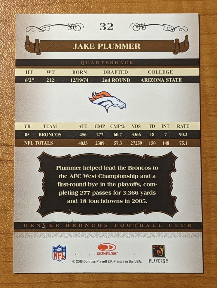 Jake Plummer 2006 Donruss Classics Football Card #32 Denver Broncos NFL ...
