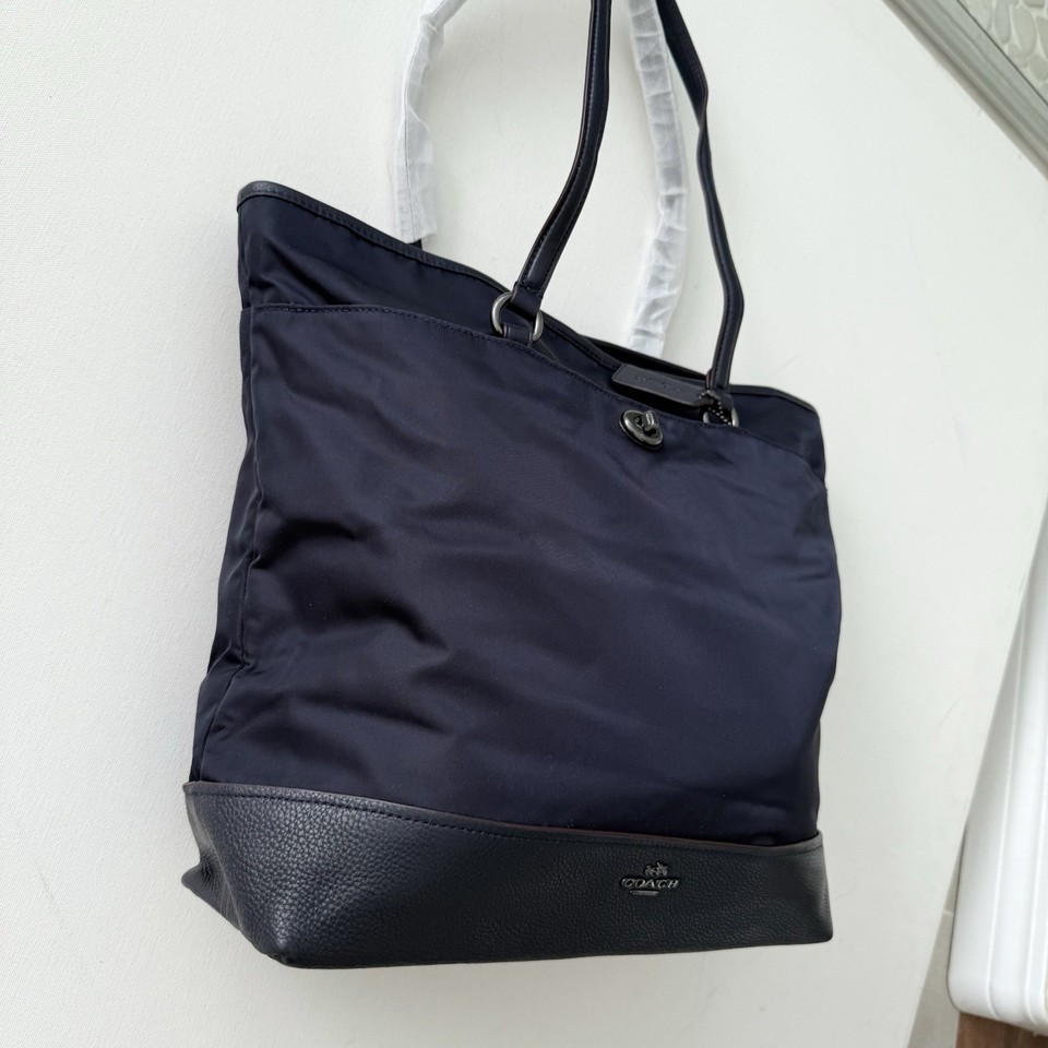 NWT Coach Nylon Leather Large Shoulder Tote Bag Midnight 59073 Button ...