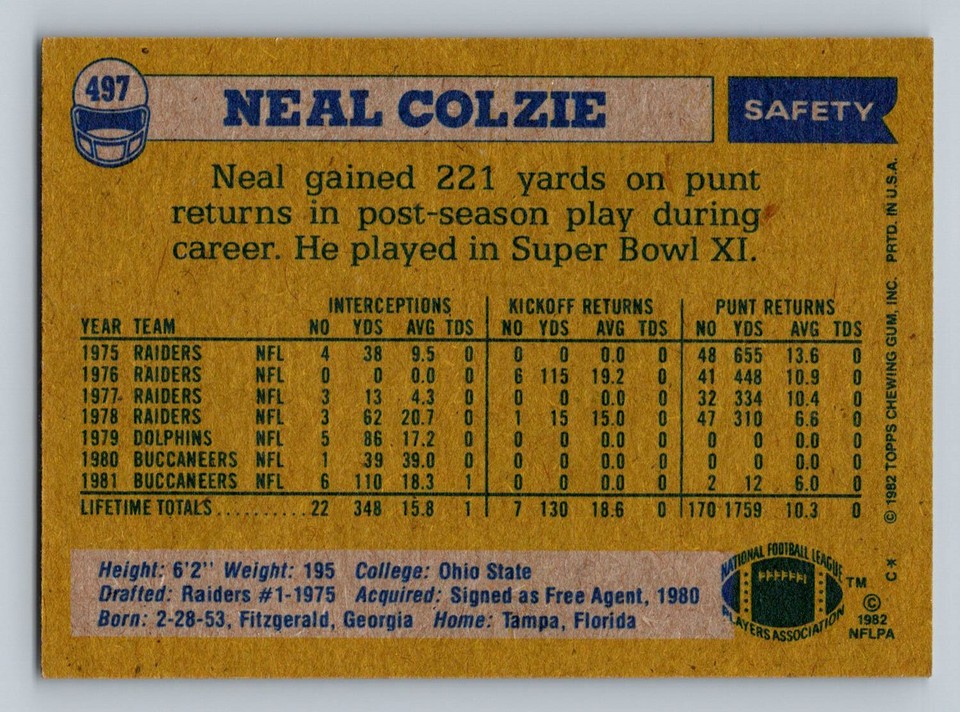 1982 Topps #497 Neal Colzie Tamps Bay Buccaneers | eBay