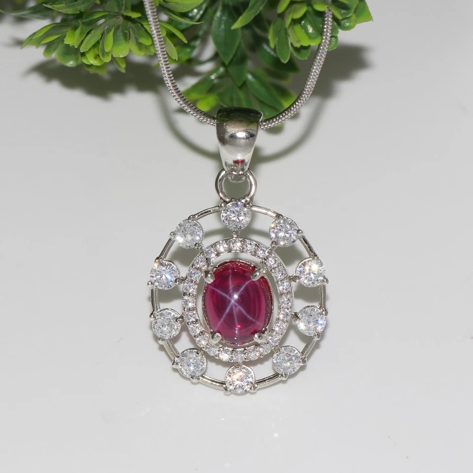 20CT Star Ruby Red Stone Pendant Necklace in Silver Gift for Women ...