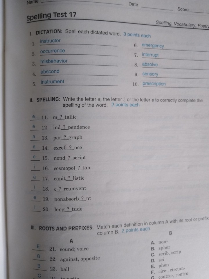 ABeka Spelling Vocabulary Test Booklet Teacher Key Grade 6 | eBay