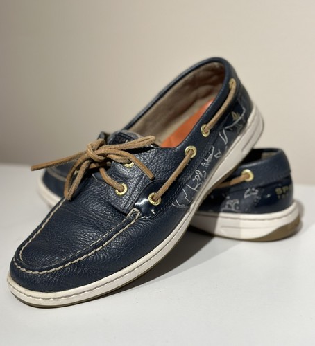 Sperry Boat Shoes Whale Tail Print Blue Leather Bluefish Women’s Size 8 ...
