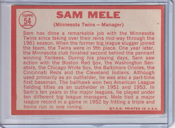 1964 Topps Sam Mele #54, Minnesota Twins Manager, VG-EX | eBay