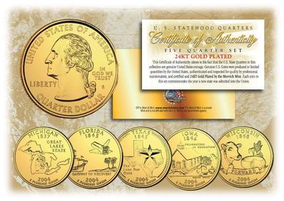 2004 GOLD 24K Clad U.S Mint State Quarters Complete Set of 5 Coins with ...