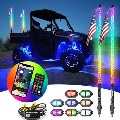 2PC 4FT RGB LED Whip Lights Kit+8 Pods RGB LED Rock Light For RZR PRO ...
