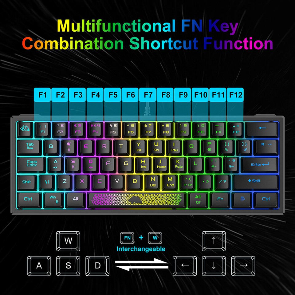K61 60 Percent RGB Backlit Wired Keyboard 62 Keys Ergonomic PC Computer ...