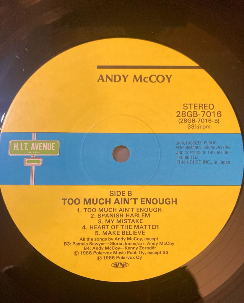 ANDY McCOY Too Much Ain't Enough 1988 LP JAPAN HYPE STICKER Hanoi Rocks ...