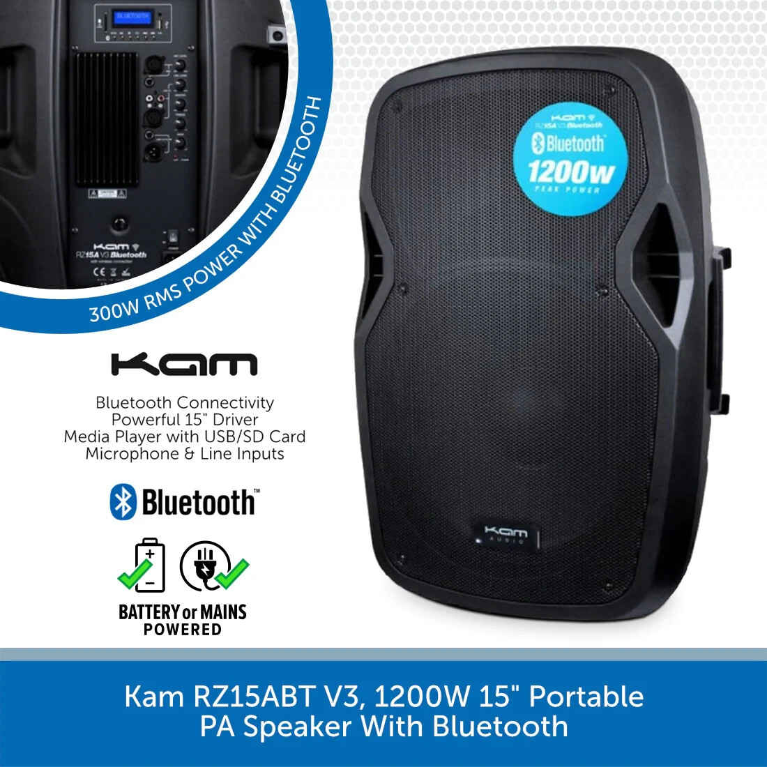 Kam RZ15ABT 15" 1200W Bluetooth PA Speaker Active Portable Powered DJ ...