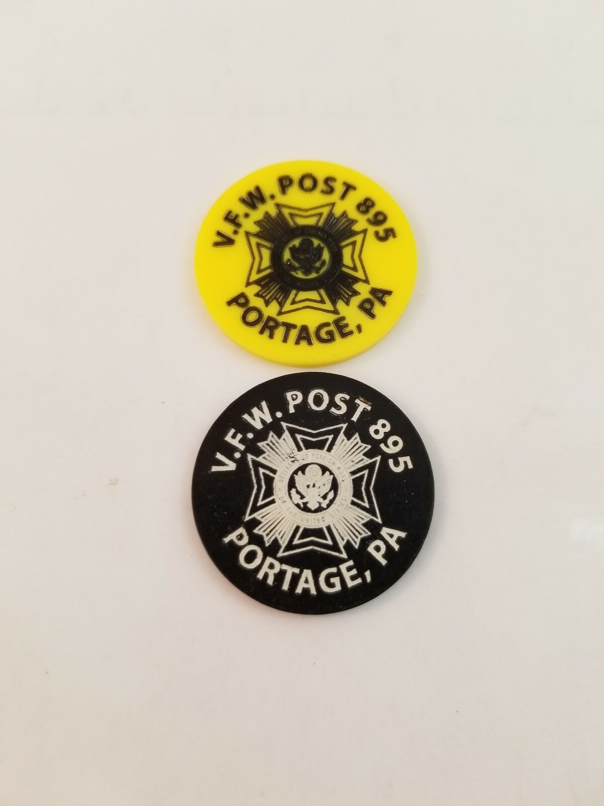 V.F.W. Post 895 Portage Pennsylvania Whiskey Soda Bar Chips Tokens Pair ...