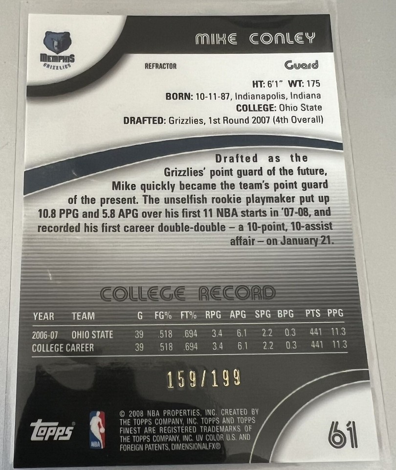 2007-08 Topps Finest Blue Refractor #61 Mike Conley Grizzlies RC Rookie ...