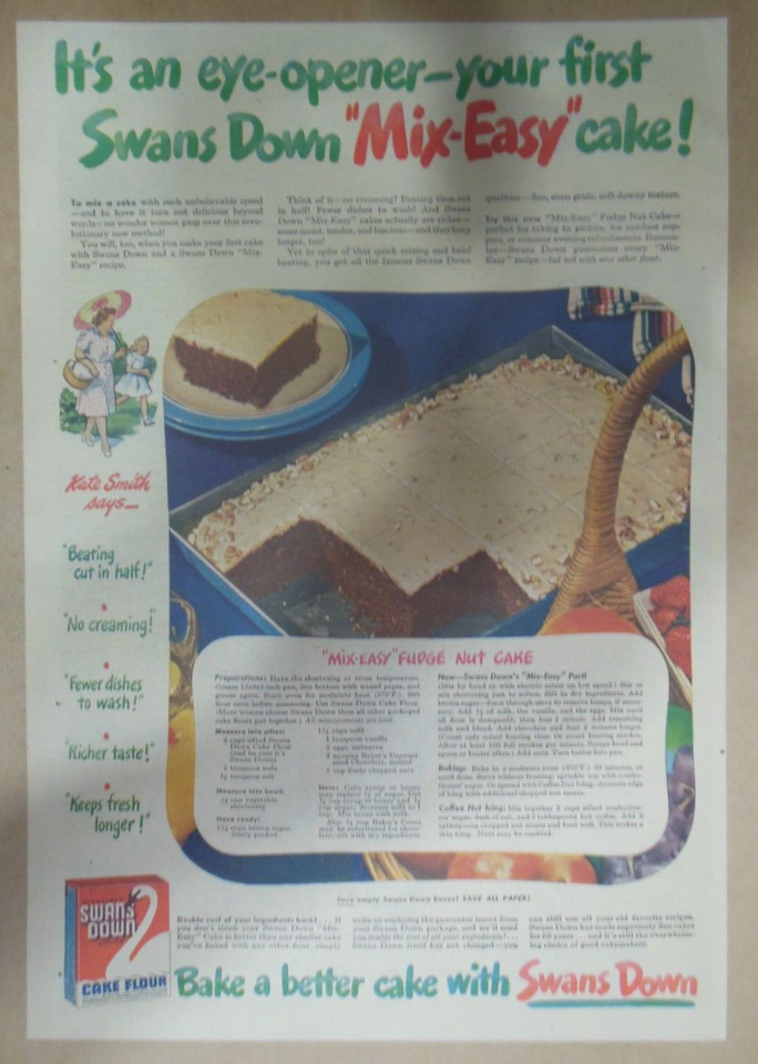 Swans Down Flour Ad: Fudge Nut Cake Recipe from 1940's Size: 11 x 15 ...