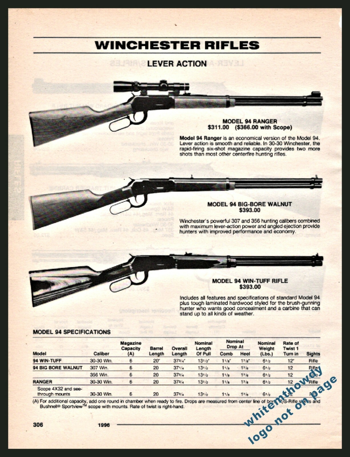 1996 WINCHESTER Model 94 Ranger Big Bore Win-Tuff Lever Rifle PRINT AD ...