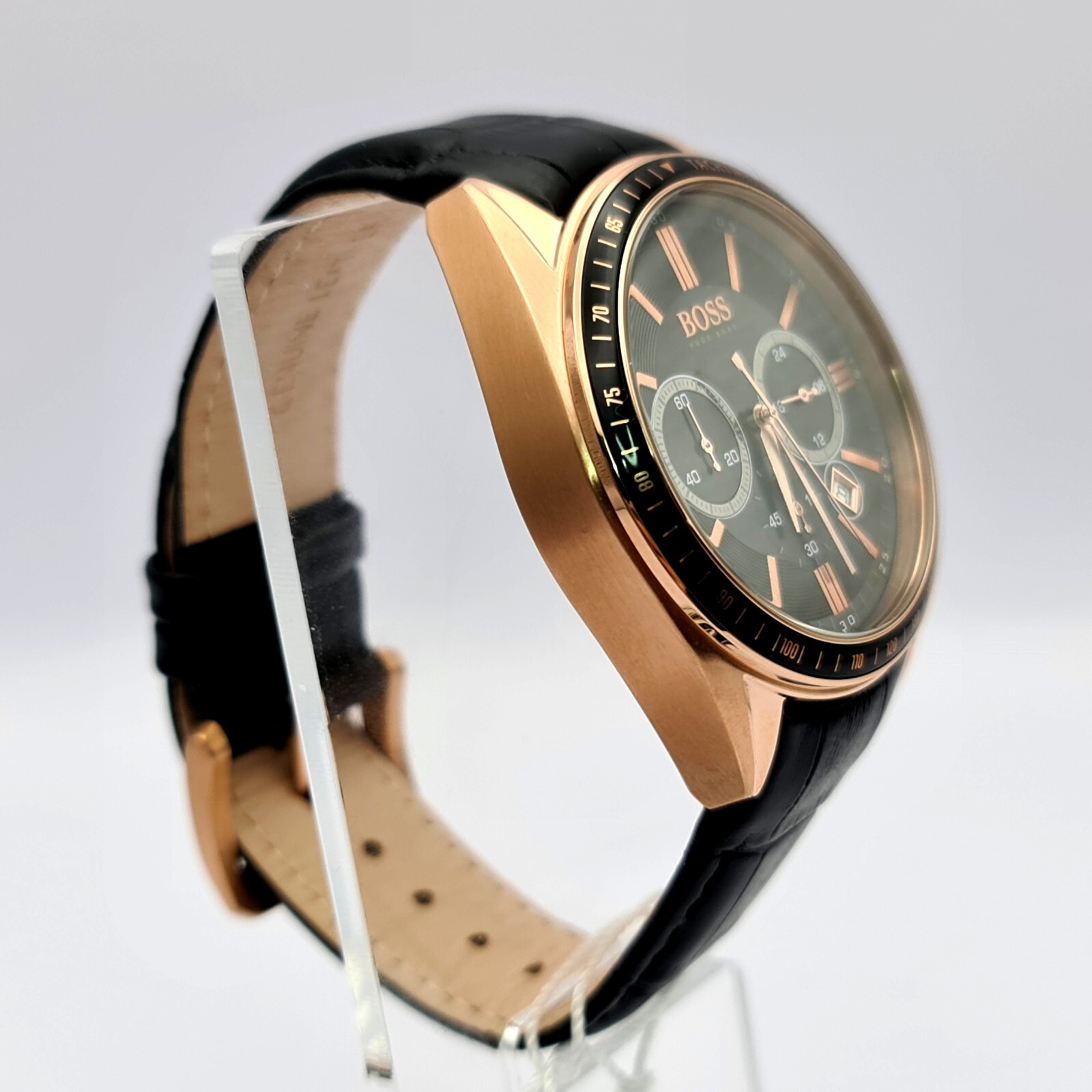 NEW BOSS DRIVERS HB1513092 ROSE GOLD AND BLACK LEATHER STRAP MENS WATCH ...