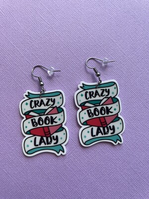 Crazy Book Lady Dangle Earrings, Teacher, Surgical Steel Hooks, Printed ...