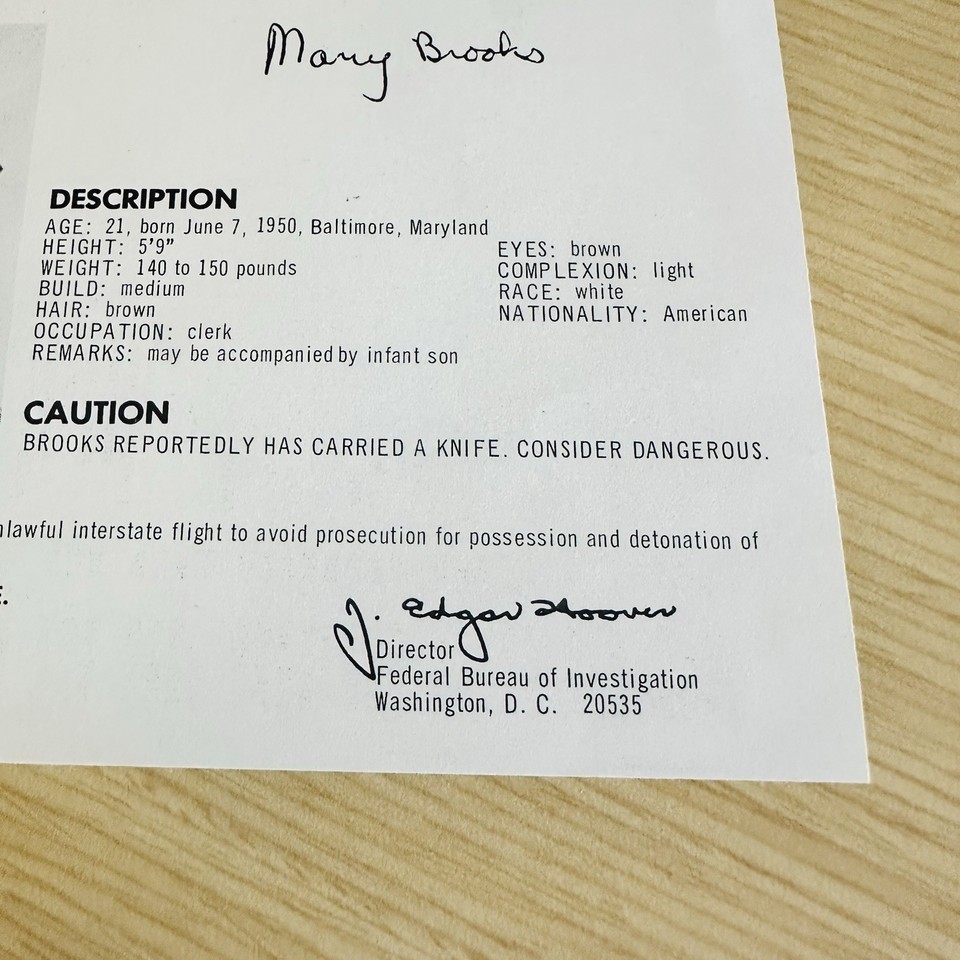 FBI Wanted Poster Mary Kathleen Brooks Weathermen Underground Berkley ...