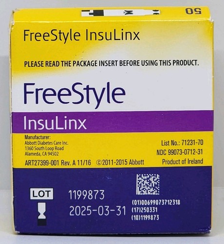 Abbott Freestyle InsuLinx Blood Glucose Test Strips 50 Count New Exp ...