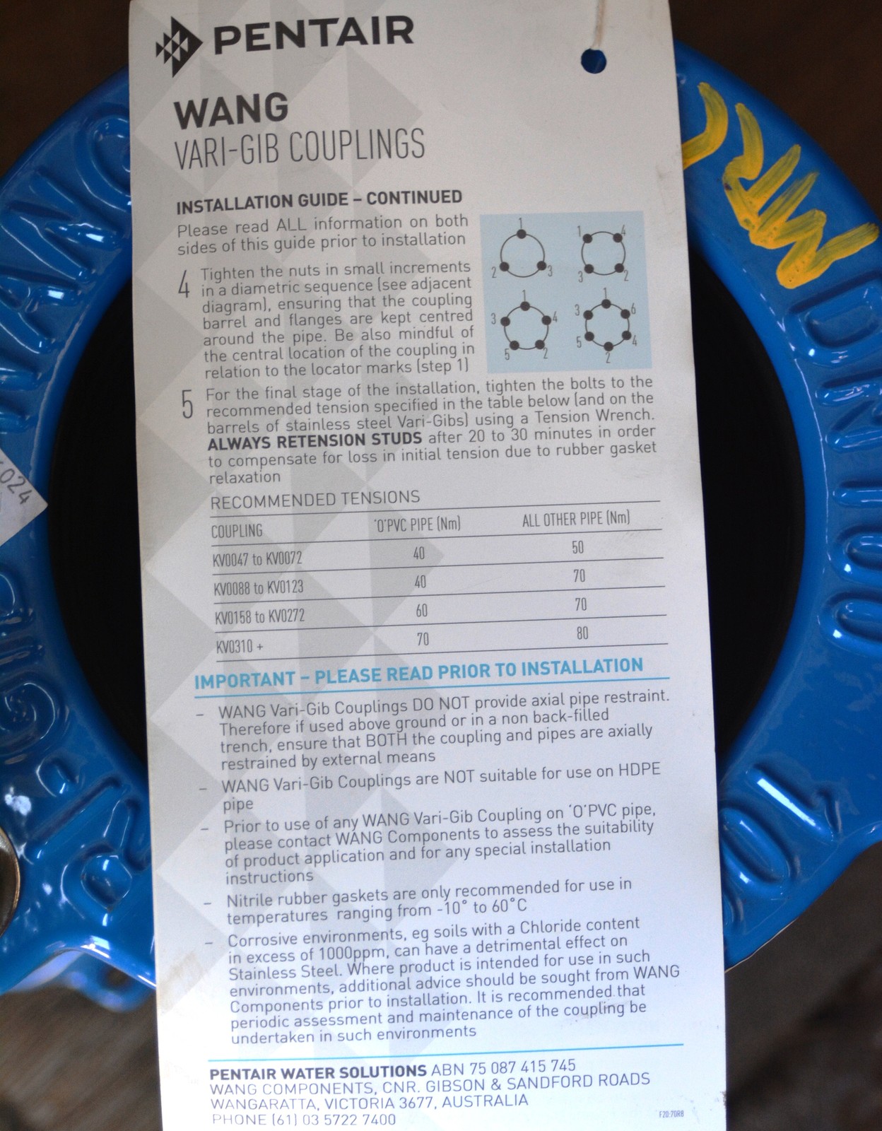 Pentair WANG Dn100 Vari Gib Gibault Pipe Coupling KVO 109-133 / 130915 ...