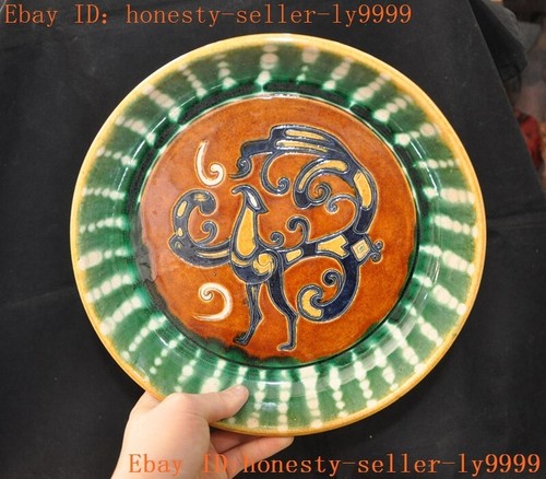 9.4" Old Chinese Dynasty Tang Sancai Porcelain phoenix bird Tray Dish ...