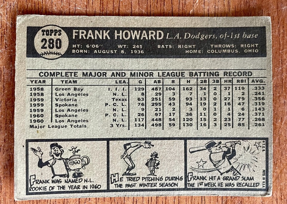 1961 Topps - #280 Frank Howard Rookie Of The Year | eBay
