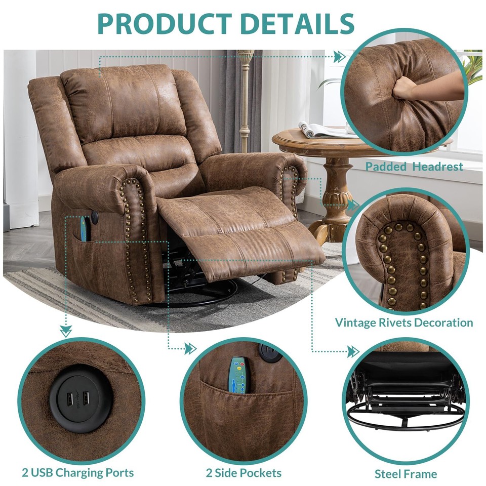 Massage Swivel Rocker Recliner, 360°Swivel Lounge Recliners W/Heat and ...