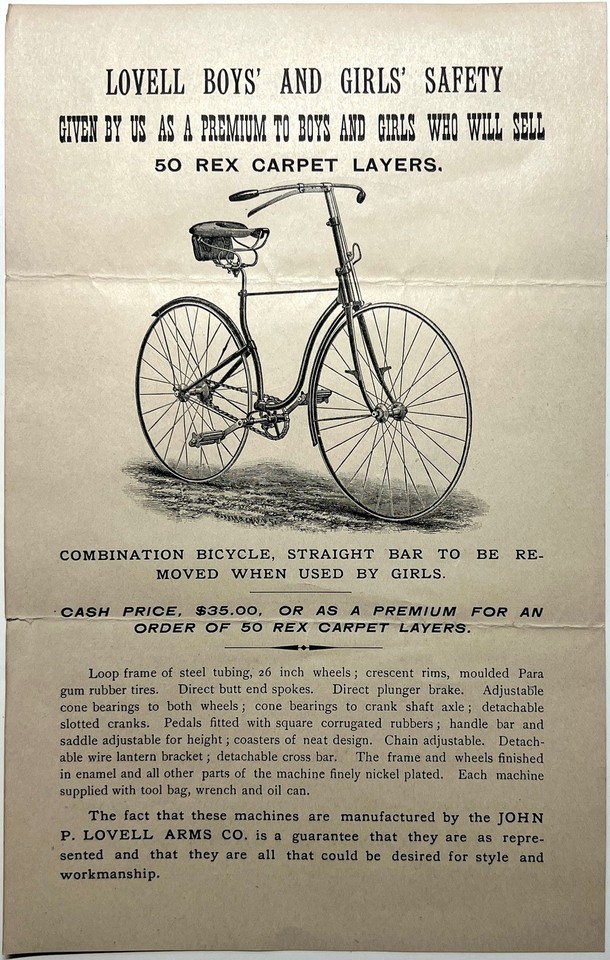 1890 LOVELL ARMS CO SAFETY BICYCLE AD FLYER REX MANUFACTURING FITCHBURG ...
