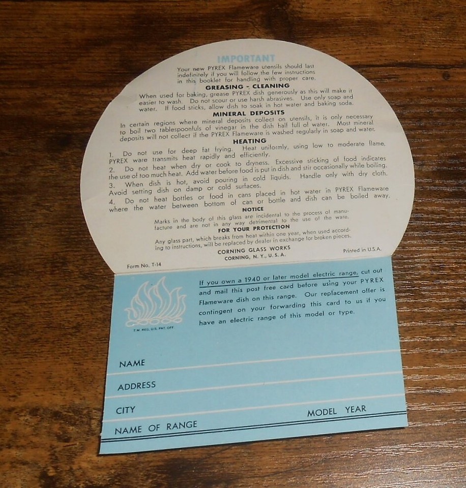 Pyrex Flameware Vintage Fold Out Label Corning Glass Works | eBay