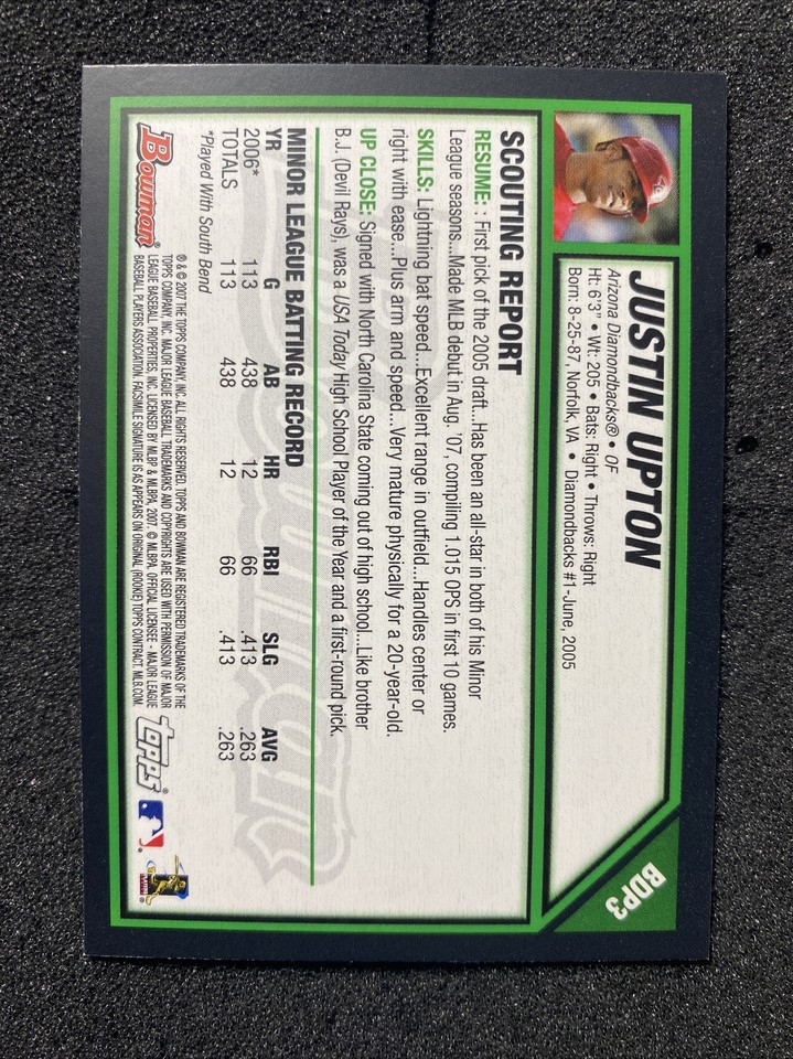 2007 Bowman Draft Arizona Diamondbacks Baseball Card #BDP3 Justin Upton ...