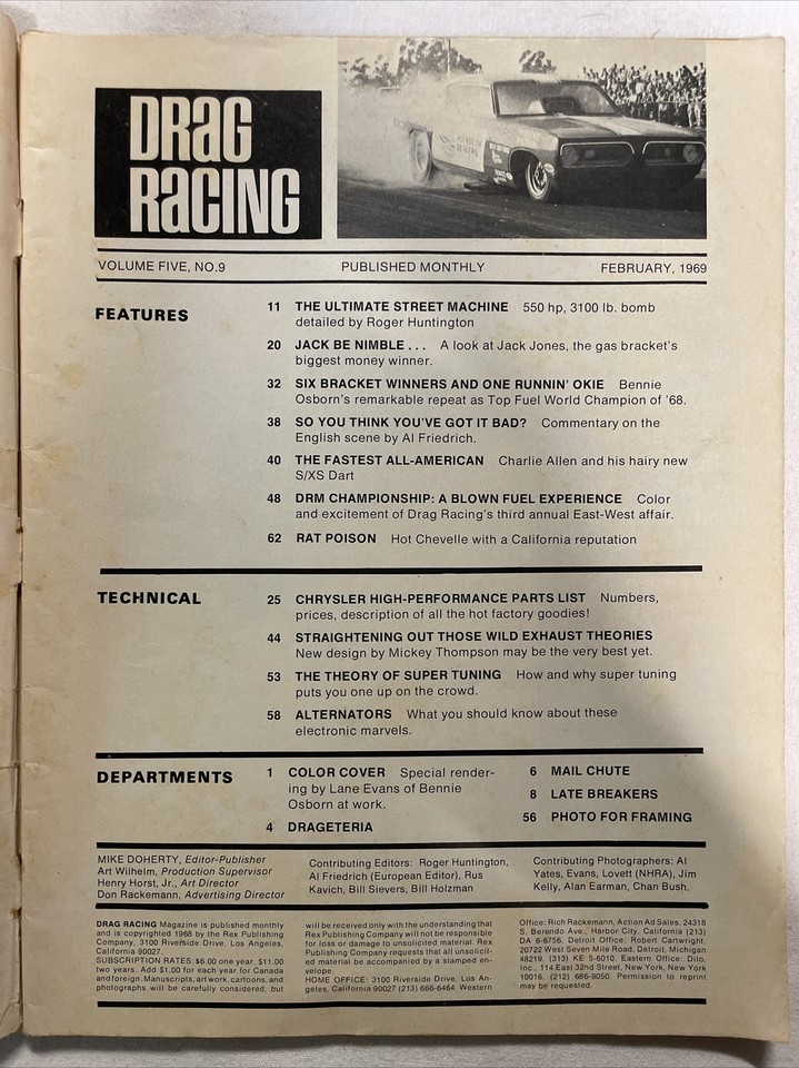 1969 February ,Drag Racing Magazine, Bennie Osborn (MH854) | eBay