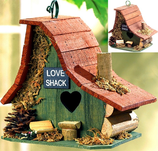 Decorative Wooden Love Shack Birdhouse W Heart Shaped Door Garden Yard ...